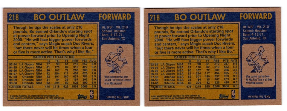 (2) 2000-01 TOPPS HERITAGE BO OUTLAW CARD #218 LOT **NM-MT** ORLANDO ...