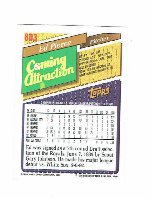Ed Pierce Royals Pitcher Coming Attractions #893 Topps 1993 Baseball ...