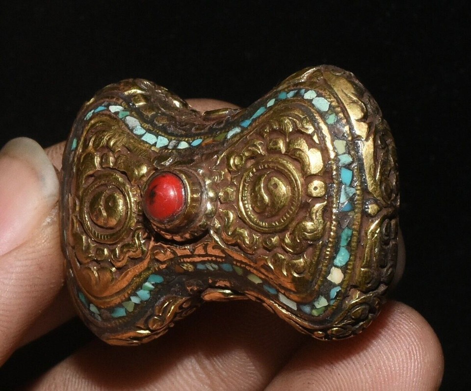 3.5cm Antique Tibetan Bronze Inlay Gems Buddhism Double Pattern Amulet ...