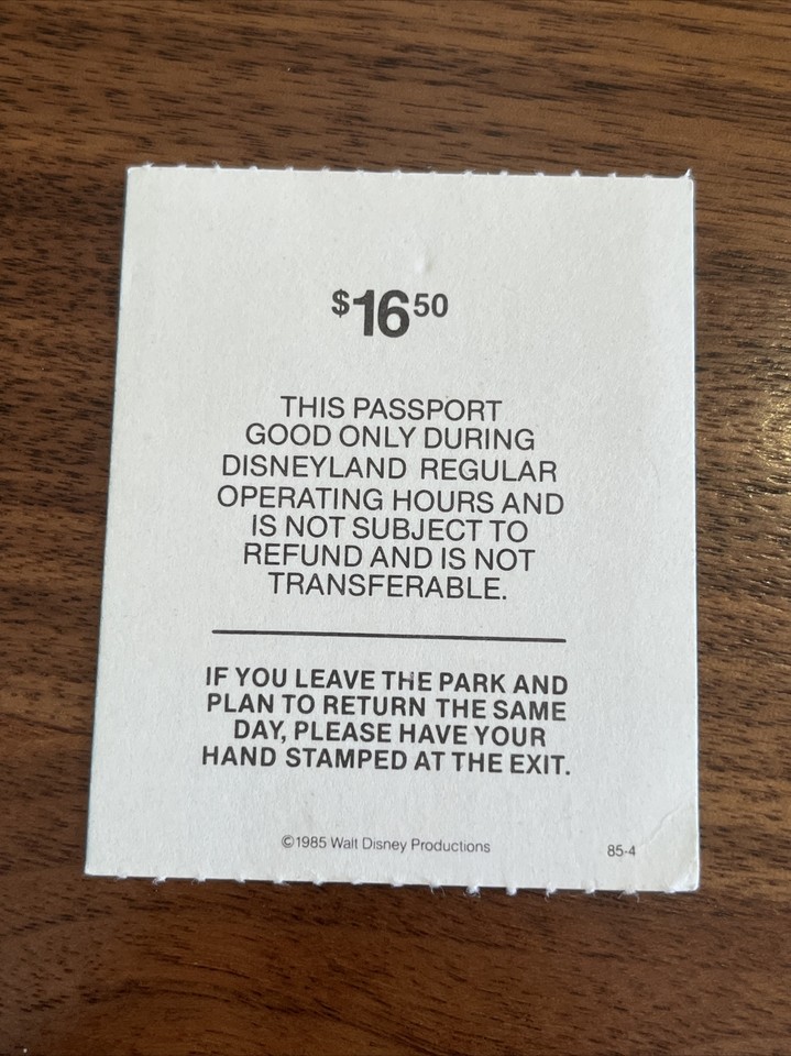 Vintage 1985 Disneyland Passport Ticket Stub $16.50 Admission | eBay