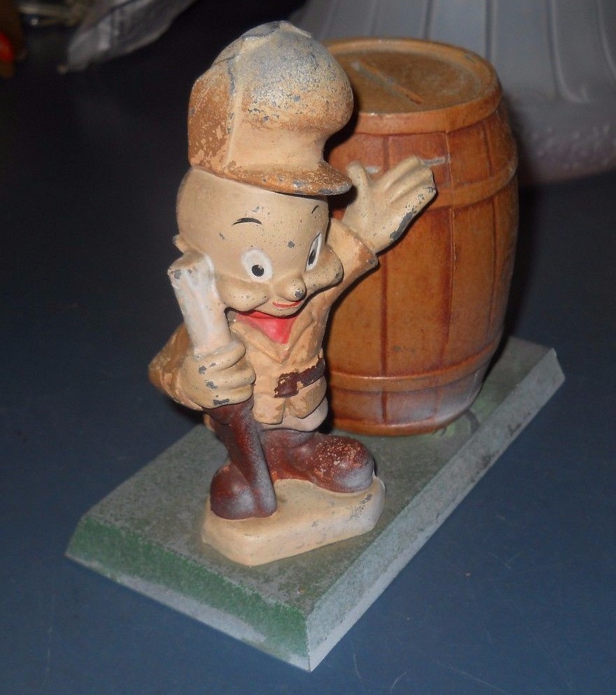 VINTAGE ANTIQUE CAST ALUMINUM ELMER FUDD THE HUNTER BARREL BANK W.B.C ...