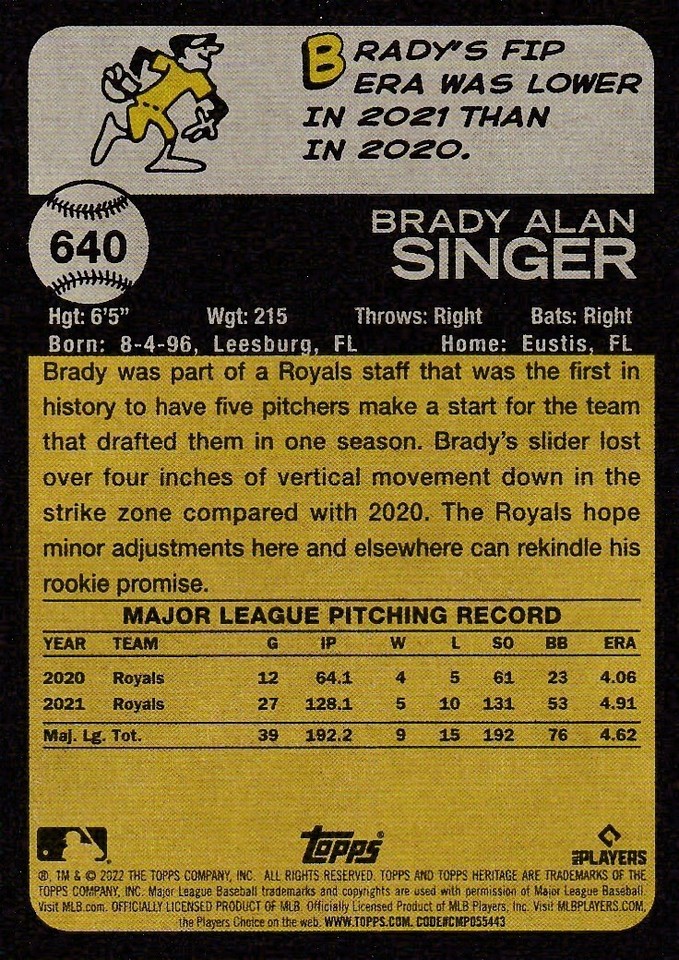 2022 TOPPS HERITAGE HIGH NUMBER BRADY SINGER #640 KANSAS CITY ROYALS | eBay