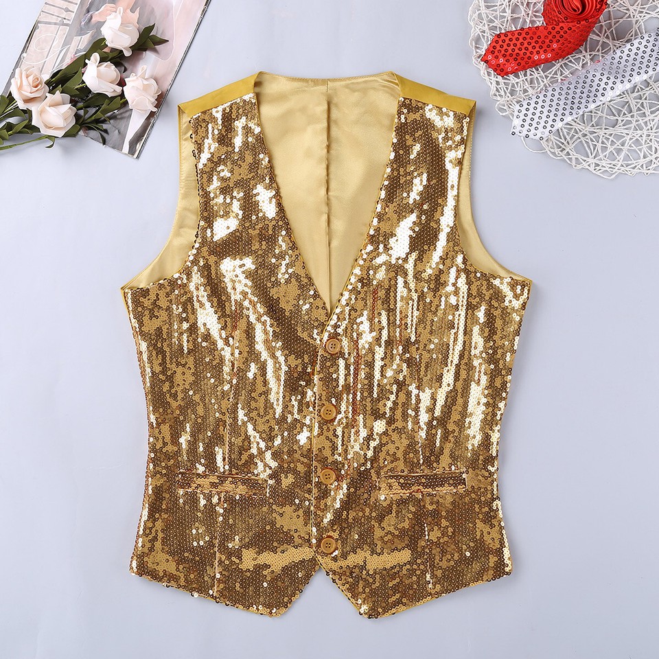 US Sparkly Sequin Vest Waistcoat Dance Show Performance Costume Unisex ...