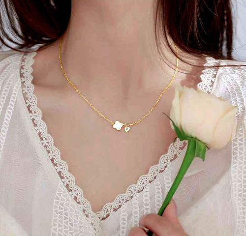 Gold/Silver Love Heart Lock Flower Clover Key Shell Pearl Pendant Chain ...