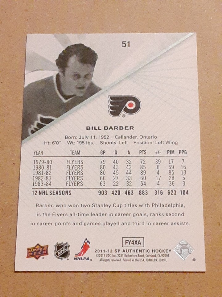 Bill Barber Philadelphia Flyers 2011-12 SP Authentic #51 NHL Hockey ...