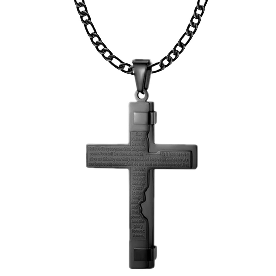 Cross Pendant Necklace for Men Boys Stainless Steel Lord's Prayer Bible ...