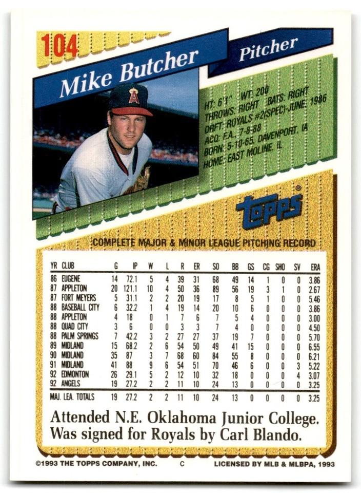 1993 Topps Gold Mike Butcher California Angels #104 | eBay