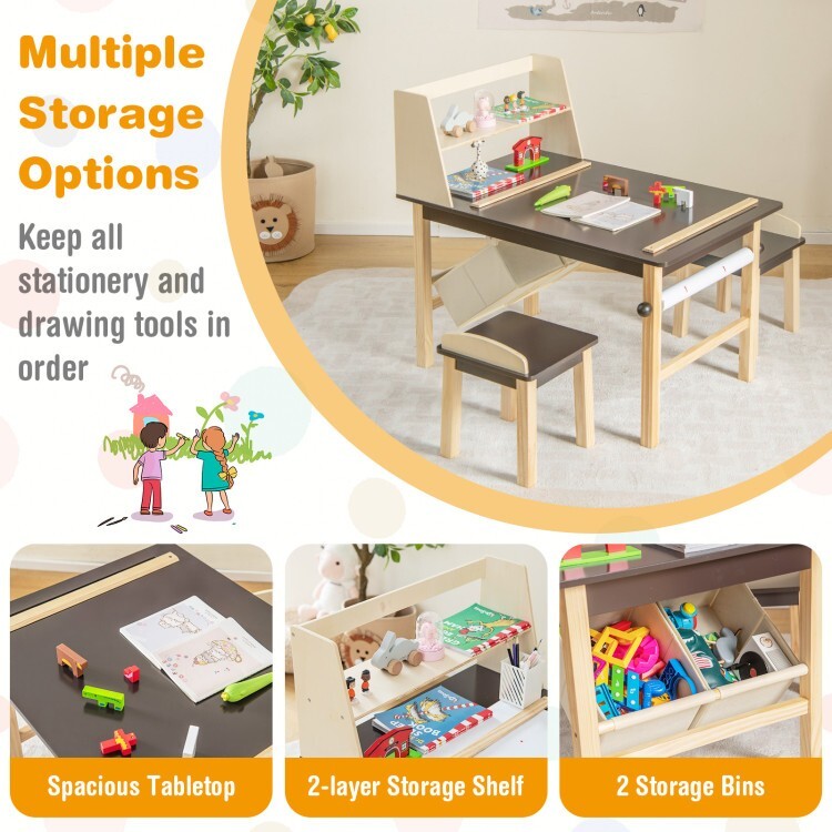 Kids Art Table & Chairs Set Wooden Drawing Desk w/ Paper Roll Storage ...