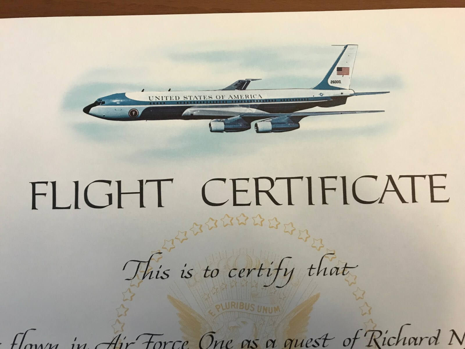 Air Force One / Blank AF#1 Fight Certificate / President Richard M ...
