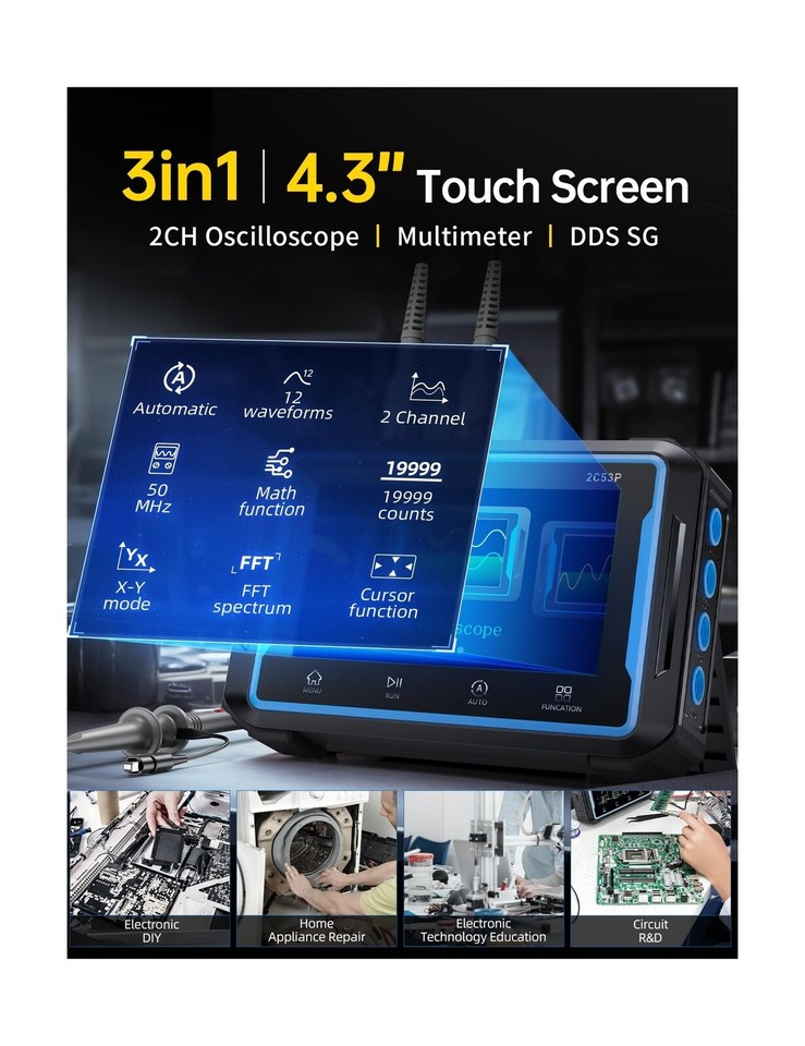 2C53P Handheld Tablet Oscilloscope Multimeter DDS Signal Generator 3in ...