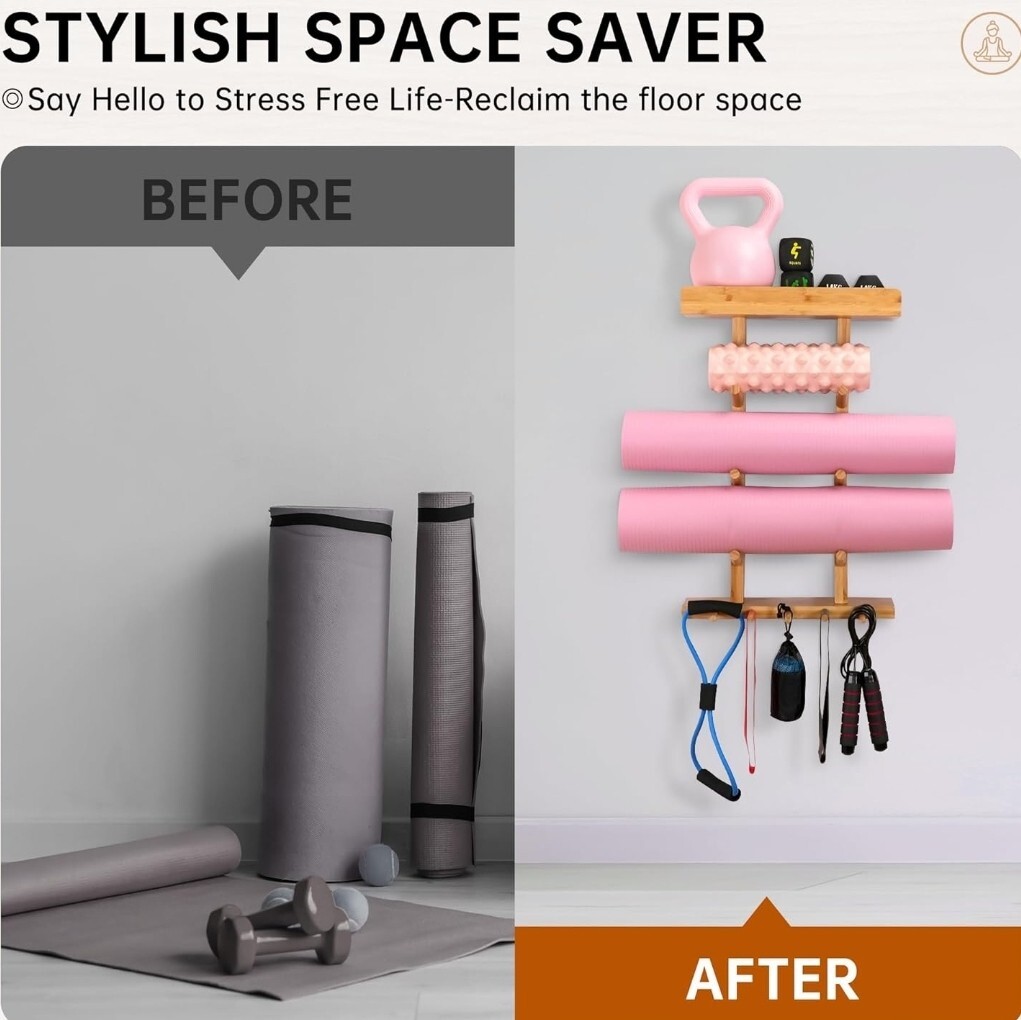 Bamboo Yoga Mat Holder Wall Mount - Yoga Mat Storage Wall Mount ...