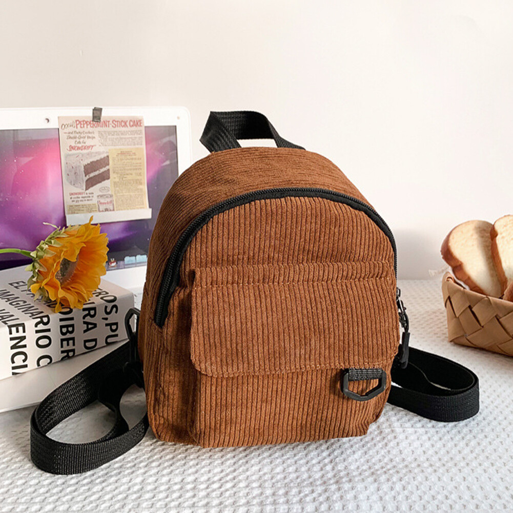 Soft Corduroy With Handle Mini Backpack Zipper Closure Travel Portable ...