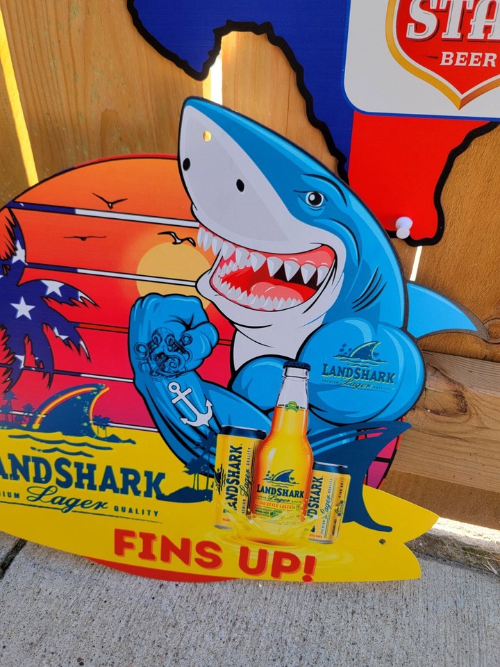 LANDSHARK SURFBOARD Fins Up Metal Sign 14" x 16" Mancave Bar Pub Décor ...