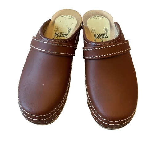 Simson Brown Leather Wood Sole Women's Clogs Slip On Size 38 EU / 7 US ...