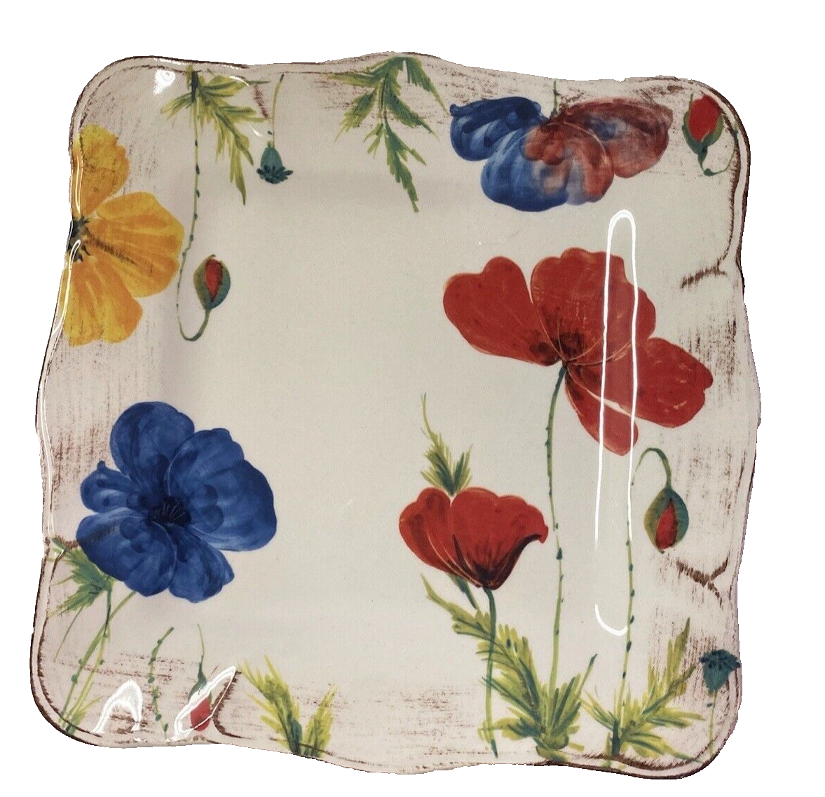 Sur la Table Italian Poppy Square Plate 11.5" Flowers Rustic White Rim ...