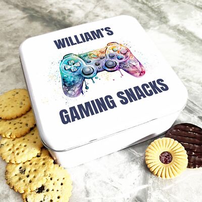 Square Watercolour Gaming Snacks Controller Personalised Treat Tin ...