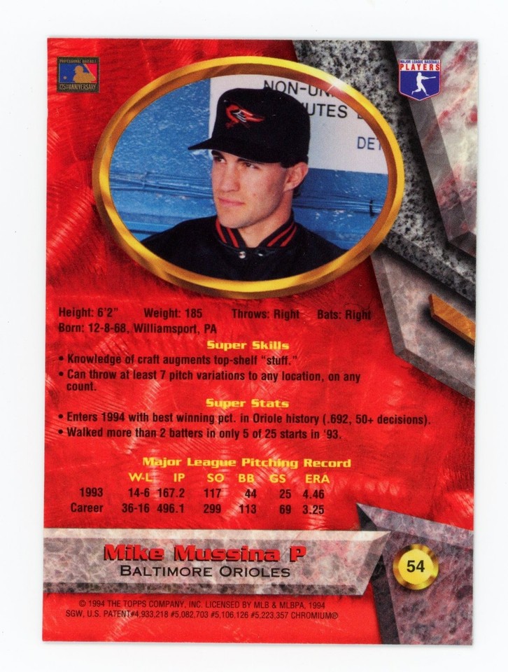 MIKE MUSSINA 1994 BOWMAN’S BEST RED REFRACTOR🌈#54 BALTIMORE ORIOLES HOF ...