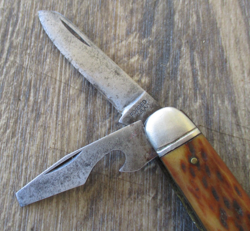 Vintage “FORGED USA Jigged Bone Pocket Knife, Carbon Steel MUTI-TOOL W ...
