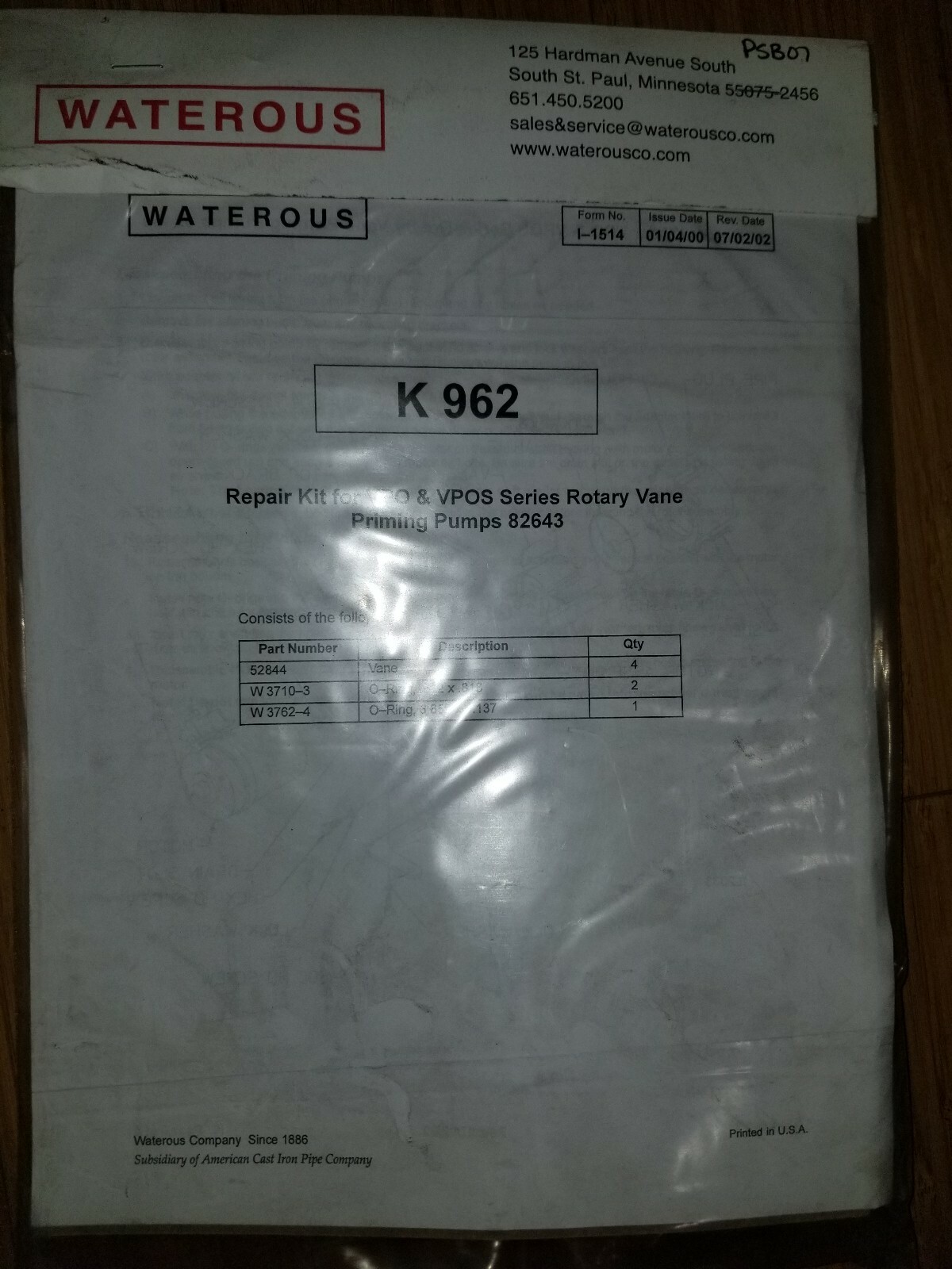 WATEROUS GENUINE PARTS REPAIR KIT VPO & VPOS ROTARY PRIMING PUMP PART ...