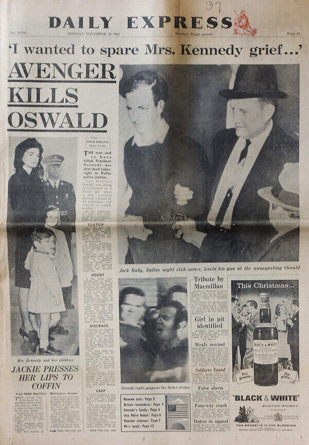 DAILY EXPRESS NEWSPAPER 25 NOV 1963 . JFK LEE HARVEY OSWALD SHOT DEAD ...