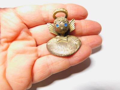 60's Signed Tortolani Clear Blue Rhinestone Gold Tone Metal Angel ...