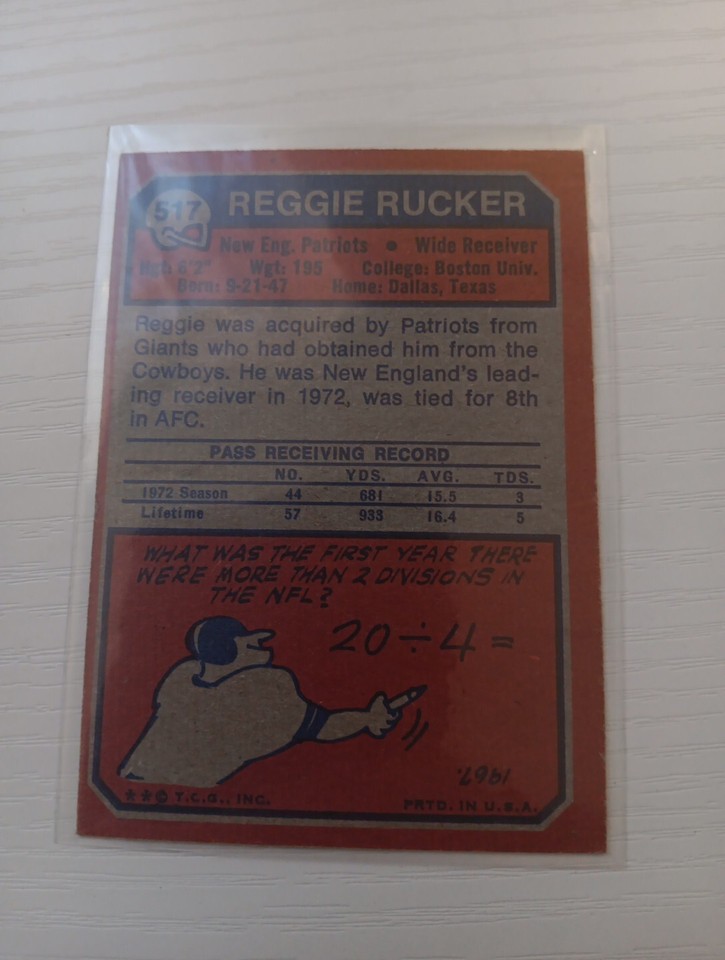 1973 Topps Football Cards Reggie Rucker Rookie New England Patriots ...