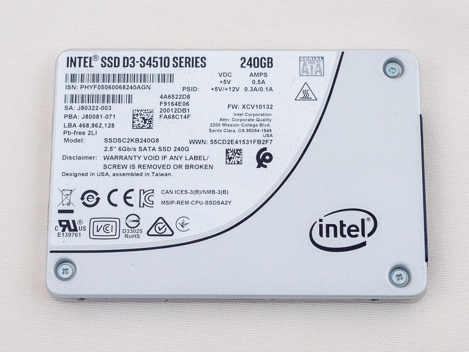 Intel D3-S4510 SSDSC2KB240G8 240GB 2.5" SATA SSD - 100% Health - Low ...