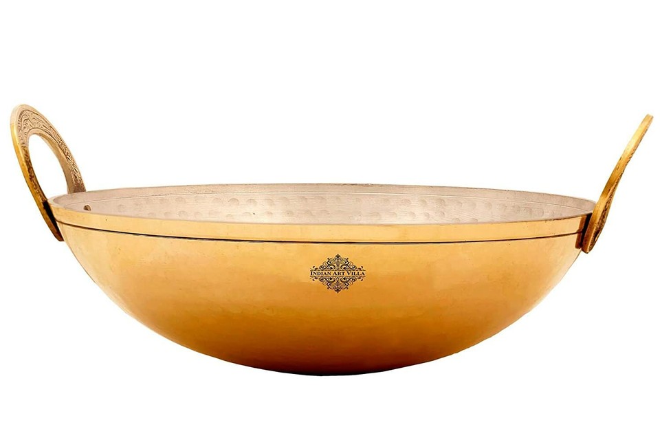 Brass Hammered Design Serving Cooking Kadhai with Tin Lining, 2000 ML ...
