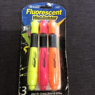 3PC BAZIC FLOURESCENT HIGHLIGHTERS WITH POCKET CLIP QUICK DRYING CHISEL ...