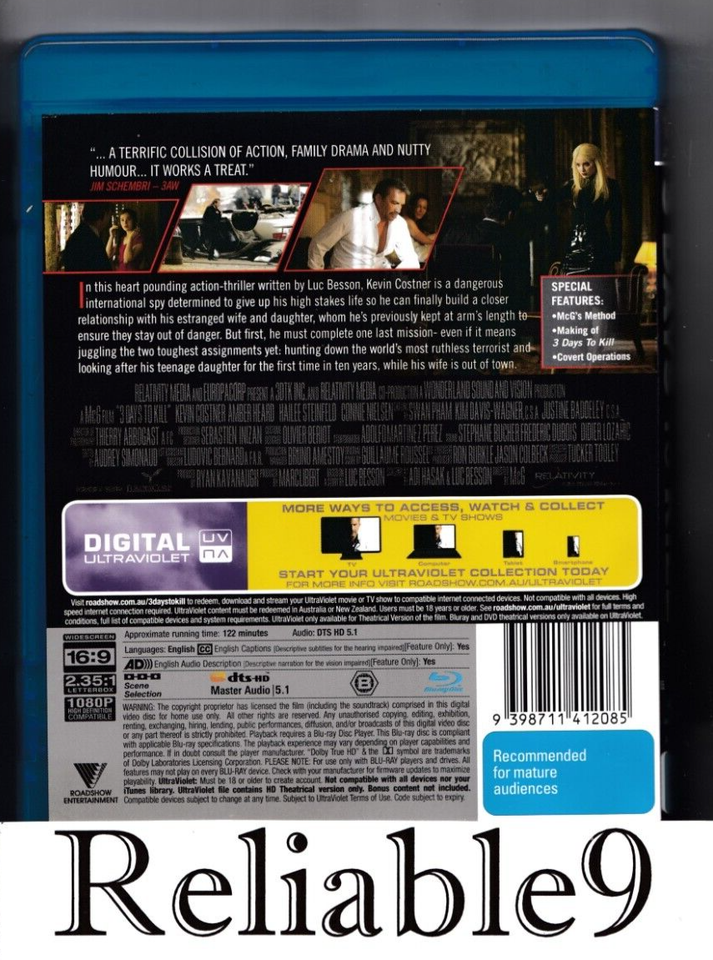 3 Days To Kill Extended cut Bluray+Special features Region B - 2014 ...