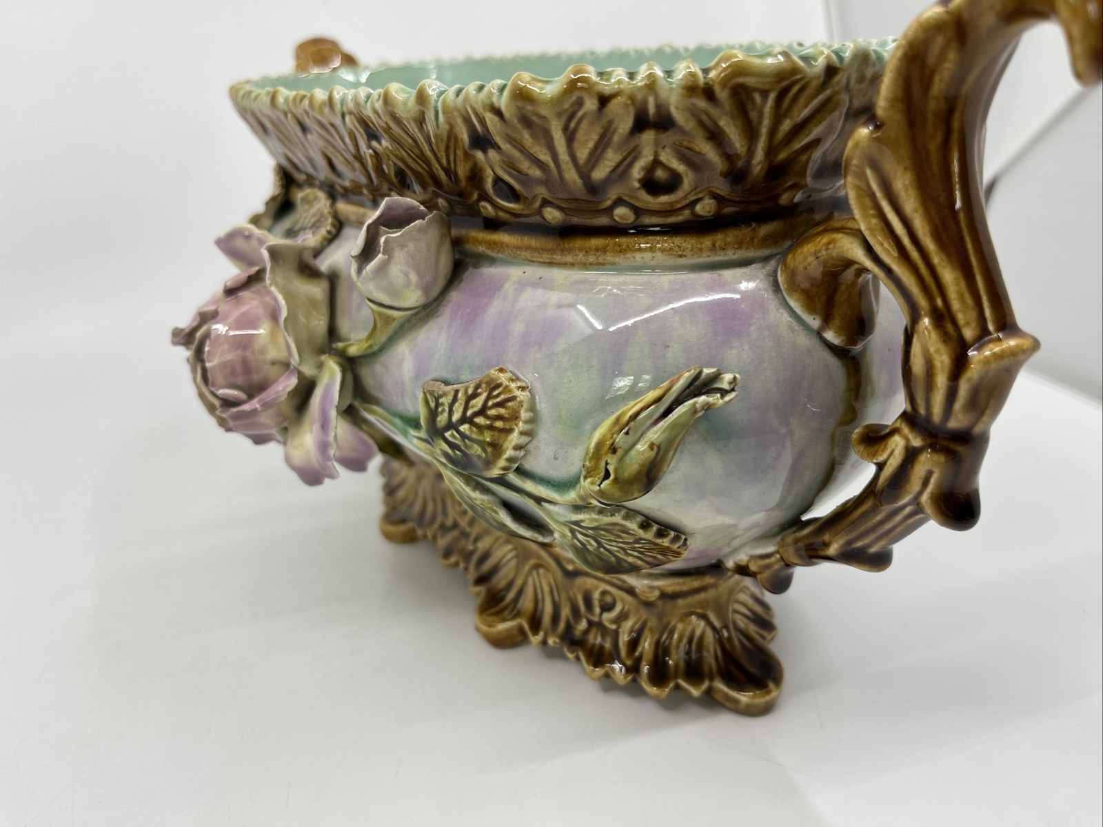 Antique French Majolica Barbotine 12” Jardiniere Planter Roses Leaves ...