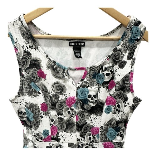 Hot Topic Sleeveless Dress Women's L White Fit Flare Skull Rose Goth ...