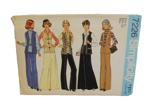 1975 Simplicity Sewing Pattern 7226 Vtg 1970s Bell Bottom Pants Vest ...