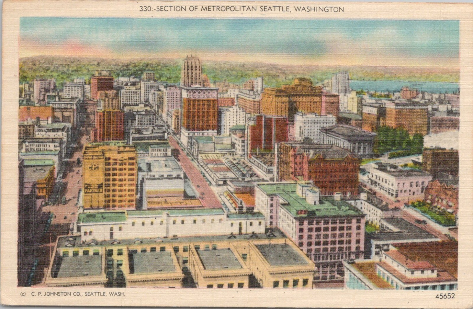 Linen PC * Seattle WA Birdseye View Skyline Downtown 1940s | eBay
