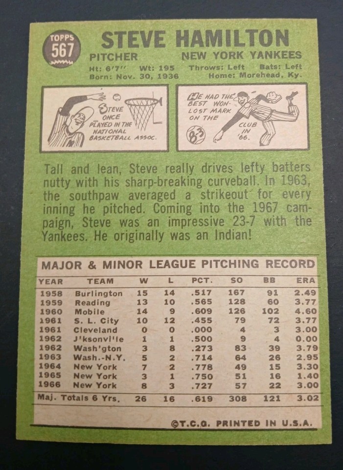 1967 Topps #567 Steve Hamilton. Centered/Sharp Corners | eBay