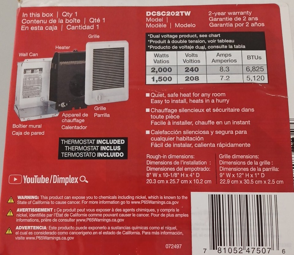 Dimplex DCSC202TW 2000-Watt 240-Volt Fan-Forced Air Heater 47507 | eBay