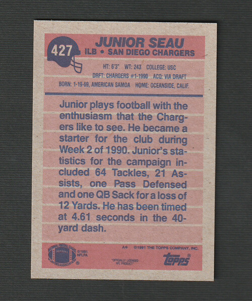 1991 Topps Football Junior Seau #427 San Diego Chargers | eBay