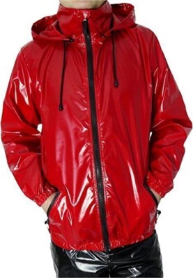 Men's PVC Vinyl Shiny Red Jacket Raincoat Trench Gothic Patent ...