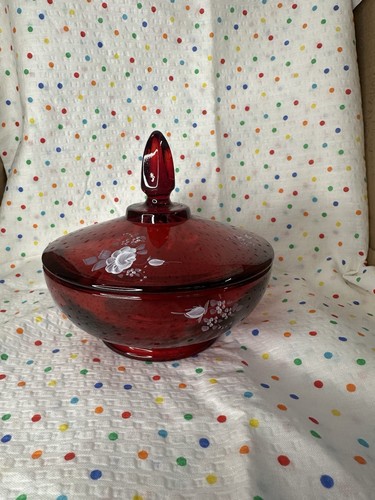 Fenton Ruby Red Hand Painted Roses Lidded Candy Dish - Signed by Debbie ...