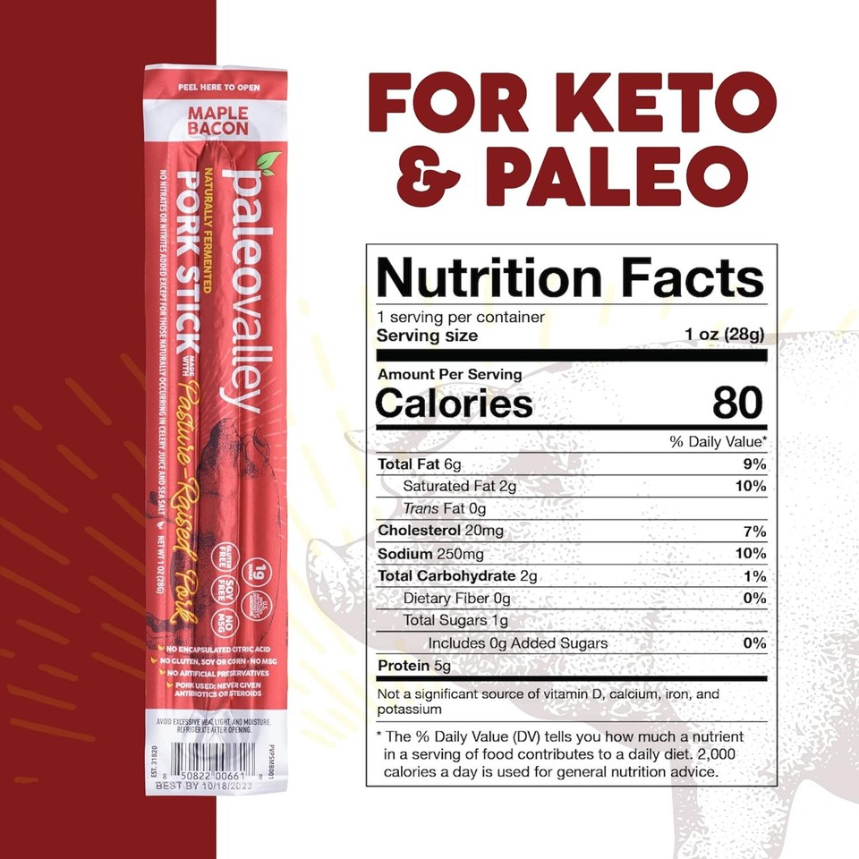 Paleovalley Pasture-Raised Pork Sticks - Maple Bacon 10 Count (Pack of ...