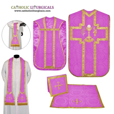 Purple Roman Eucharist Chasuble Fiddleback Vestment 5pcs mass set ...