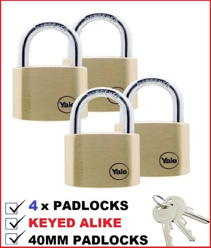 4 x Yale Padlocks Keyed Alike 40mm Brass padlock with 4 keys Y110/40 ...