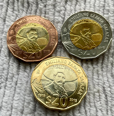 Mexico 20 pesos coin 2019 ZAPATA 100 TH diferent color rare lot 3 pcs ...