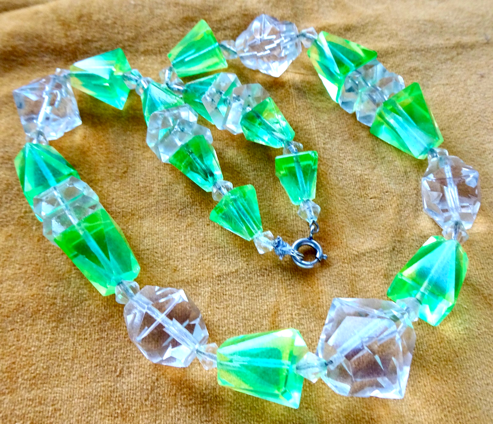 vintage art deso blue green clear givre glass bead chain strung ...