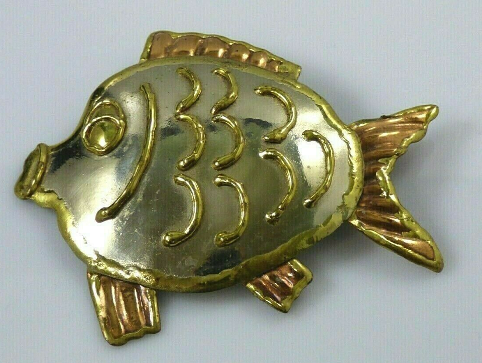 Fish Pendant Brooch Pin Embossed Copper Gold Tone Metal Large Unique ...