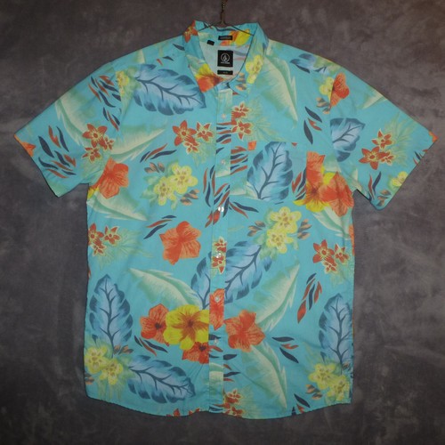 Volcom Shirt Mens XL Blue Floral all over print Short sleeve Button ...
