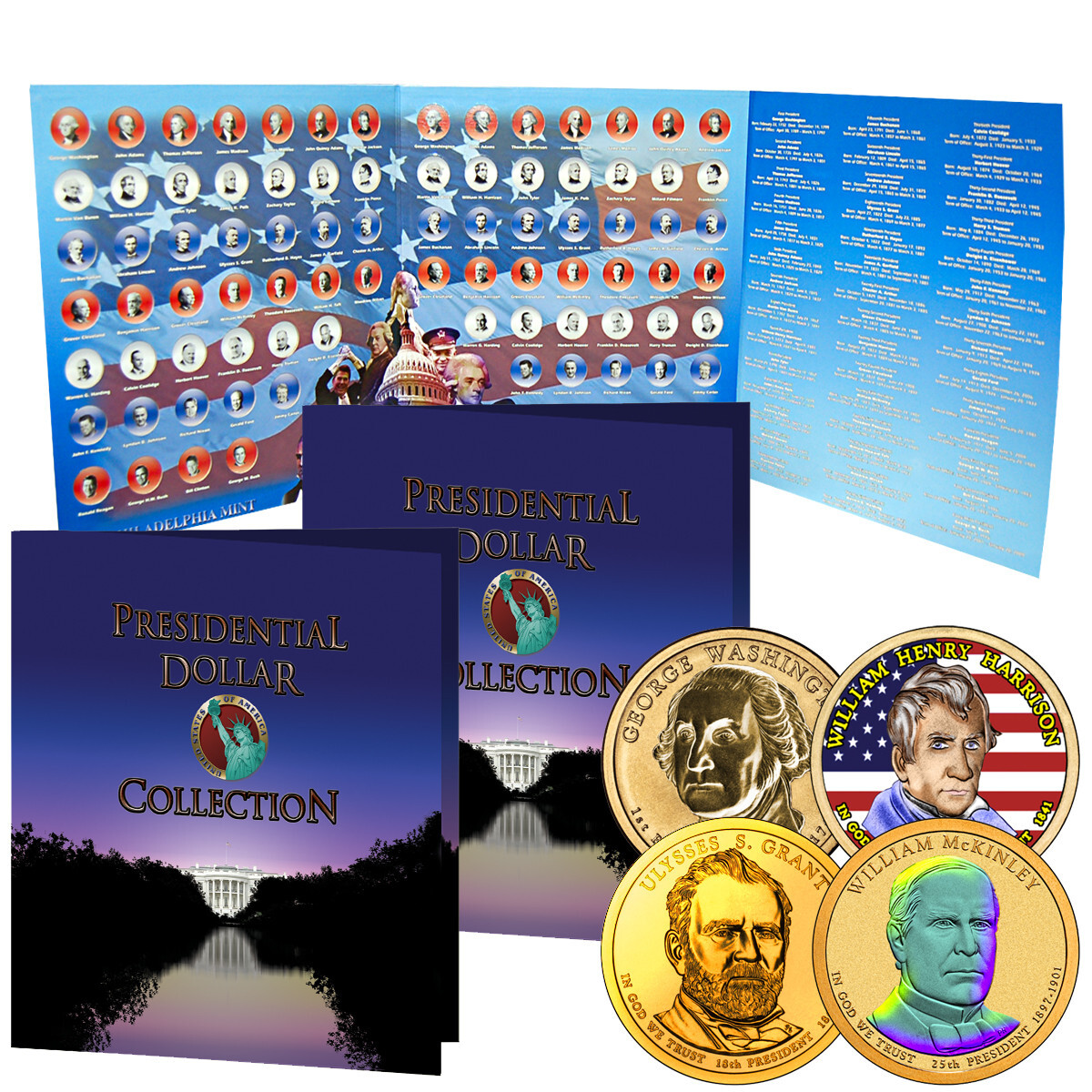 Enhanced & Colorized Presidential Dollar coins In folder (4 coins 2 ...