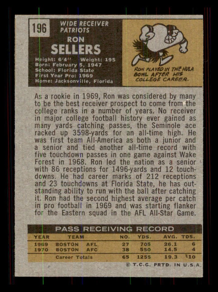 1971 Football Topps Ron Sellers New England Patriots #196 | eBay