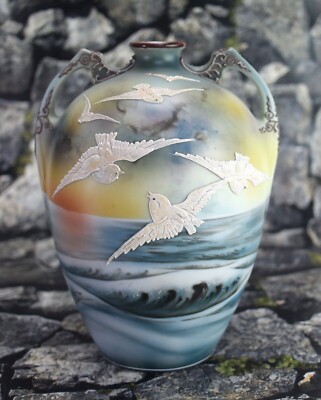 Antique Nippon Vase Moriage Raised Enamel Porcelain Seagulls Motif ...