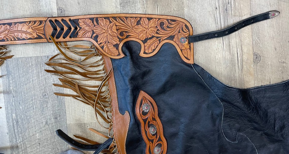 Western Chaps, Custom-Made, Heavy Leather, Hand Tooled Belt, 6" Fringe ...